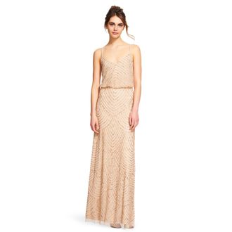 Adrianna Papell Damen Spaghetti Strap Beaded Long Blouson Dress Kleid f&uuml;r besondere Anl&auml;sse, Champagner/Gold, 38