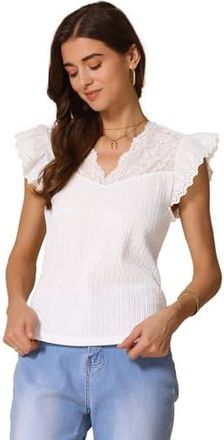 Allegra K Haut en Dentelle Femme T-Shirts Basique à Manches Courtes et Col en V Blouse dÉté Décontracté Blanc S