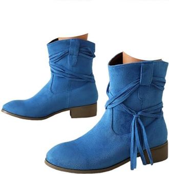 Generic Bottines larges en daim pour femme à bout rond et talon bas - Chaussures mi-mollet confortables - Chaussures de cowgirl et cowboy - Chaussures de marc