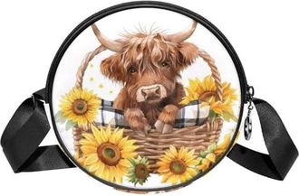 Generic Sac &agrave; bandouli&egrave;re rond pour femme, motif vache et tournesol avec fermeture &eacute;clair et bretelles r&eacute;glables
