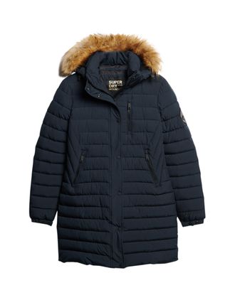 Superdry Damen Fuji Steppmantel in mittlerer Länge mit Kapuze Nordisch Chrom Marineblau 36