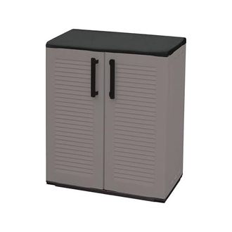 Dmora Au&szlig;enschrank Bilzen, Outdoor-M&ouml;bel, Balkonschrank, Mehrzweckschrank, 100% Made in Italy, Grau und Schwarz, gestreift, 68 x 37 x 84 cm