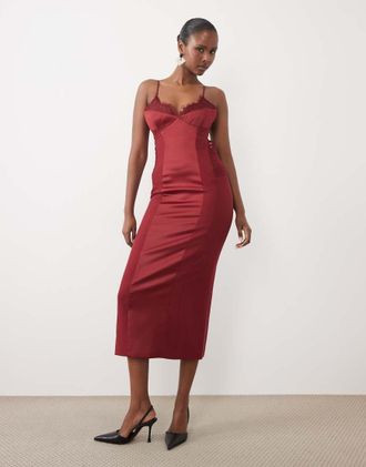 Bardot Robe midi en satin &agrave; fines bretelles et d&eacute;tail dentelle Bardot bordeaux-Rouge