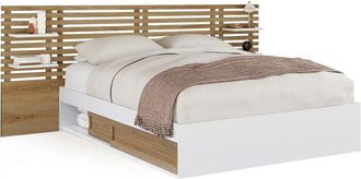 IDMarket Idmarket - Lit double savana avec tête de lit, chevets, rangements et sommier 140 x 190 cm hêtre et blanc
