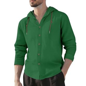 Generic Chemise en lin &agrave; capuche pour homme - T-shirt surdimensionn&eacute; en coton - T-shirt dentra&icirc;nement &agrave; boutons - T-shirt &agrave; manches longues d&eacute;contract&eacute; - Coup