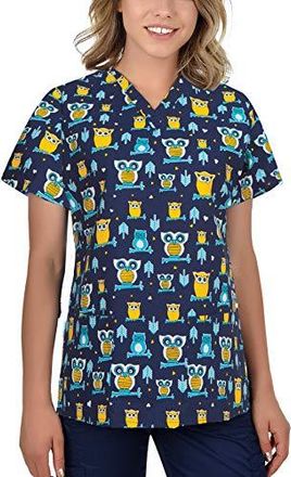 B-Well Bambina Tunique à Enfiler pour Femme à Manches Courtes Col en V Motif dEntretien (Oiseaux de Nuit, XS)