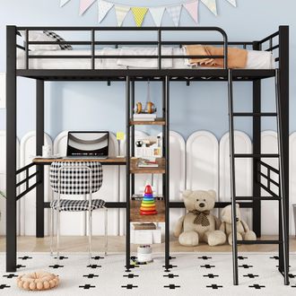 Merax Kinderbett Hochbett 90x200 cm, Funktionsbett mit Schreibtisch, 3 Regale Etagenbett Einzelbett, Bettrahmen mit Lattenrost (ohne Matratze) f&uuml;r Kinder un