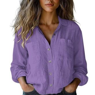 Generic Chemise d&eacute;contract&eacute;e en coton et lin pour femme - Manches longues - Couleur unie - Haut de travail ample avec poches - T-shirt &agrave; manches longues pour 