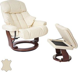 Robas Lund Relaxsessel Calgary XXL mit Hocker, bis 180 kg belastbar, Echtleder creme, Gestell Holz walnuss