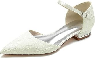 Generic Chaussures De Mariage Mariée Dentelle Femmes Bride Cheville Ballerines Fermé Toe Bout Pointu Demoiselle dhonneur Plates 2.5Cm,Ivoire,42 EU