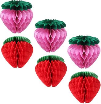 DOITOOL 6 Stück Teiliges Erdbeer Wabenpapier Dekorationsset Rosa und Rot Hängende Papier honigwaben Kugeln für Party Hochzeit Shower und Tropische Deko
