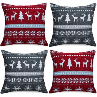 Matches 21 Kissenbezug 45x45 cm Elche & Muster grau & rot - 4er Mix Set Kissenh&uuml;llen als Weihnachtsdeko