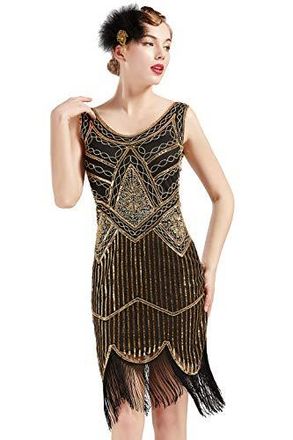 Babeyond 1920s Femmes Robe de soir&eacute;e Flapper Sequin perl&eacute; des ann&eacute;es 1920 Flapper Robe Great Gatsby Costume Or Noir L