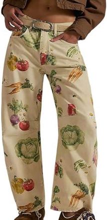 Generic Jean &agrave; jambe large pour femme - Imprim&eacute; floral - Jean extensible taille mi-haute - Pantalon baggy en denim - Pantalon patchwork Y2K - Coupe ample - Ja