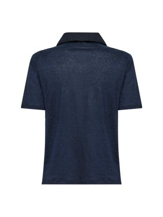 Blanca Vita Womens Polo Shirt Blue Linen Tops