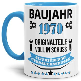 Tassendruck Geburtstags-Tasse Baujahr 1970 Innen & Henkel Hellblau/Kaffee-Tasse/Mug/Cup/Becher/Lustig/Witzig/Fun/Geschenk-Idee/Geburts-Jahr/Scherz-Artikel/Geburts