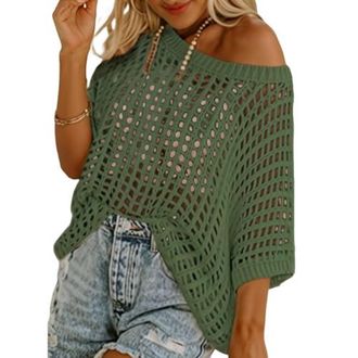 Generic Haut en tricot &eacute;labor&eacute;, hauts en crochet pour femmes, pull &agrave; manches courtes 2025 mode ajour&eacute; &agrave; encolure d&eacute;gag&eacute;e, hauts en tricot, vert militaire, 3XL