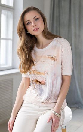 Passioni Print-Shirt Aprikosefarbenes T-Shirt mit dekorativem Design T-Shirt mit Print