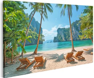 Islandburner Bild auf Leinwand Tropischer Strandblick, Liegest&uuml;hle, Palmen, kristallklares Wasser, wei&szlig;er Sand, Holz Bilder Wandbilder Poster