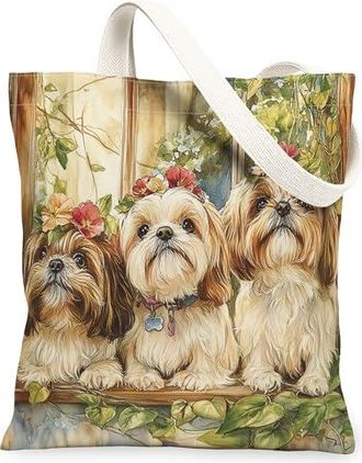 Generic Spring Shih Tzu Sac fourre-tout en toile pour faire du shopping 33 x 38,1 cm, sac r&eacute;utilisable &agrave; motif imprim&eacute; de plantes en pot pour femme, animal de