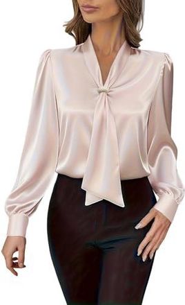Generic Chemisier en satin pour femme avec col en V et manches longues pour femme, chemise légère boutonnée, douce, décontractée, imprimé rétro, chemisier pou