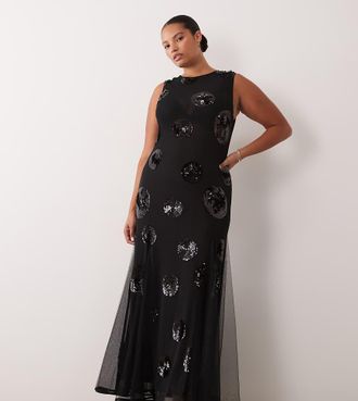 Asos Curve ASOS DESIGN Curve robe longue noire &agrave; pois et sequins orn&eacute;e