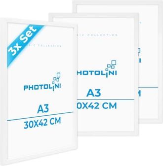 Photolini Cadre A3 30 x 42 bois MDF blanc, lot de 3 cadres photo pour posters et affiches, verre acrylique incassable, décoration murale à suspendre, avec acces