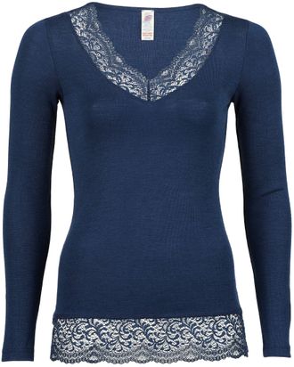 Engel Natur, Damen Unterhemd mit Spitze, 70% Wolle (kbT), 30% Seide (42/44, Marine)