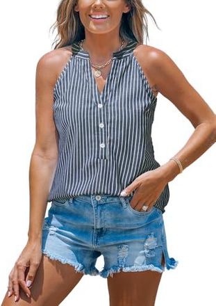 Cupshe D&eacute;bardeur d&eacute;t&eacute; pour femme - Ray&eacute; - Sans manches - Col en V - Blouses d&eacute;contract&eacute;es - Gilet basique, bleu fonc&eacute;, S