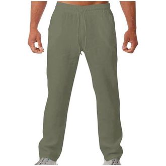 Generic Pantalon chino d&eacute;t&eacute; en coton et lin pour homme - Taille &eacute;lastique - Pantalon chino fusel&eacute; en serg&eacute; de coton avec poches - Pantalon respirant, Vert, XX