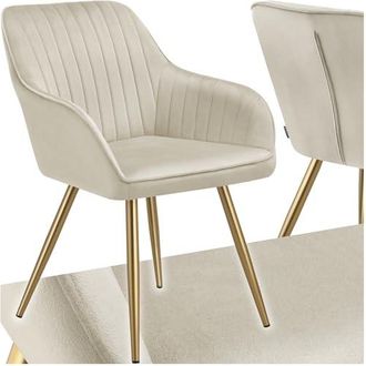 TecTake Chaise de salle à manger en velours matelassé avec accoudoirs - Pour salle à manger, cuisine, salon moderne et confortable - Crème/doré