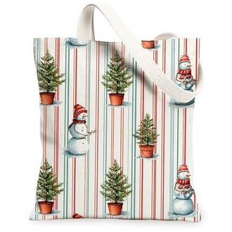 Generic Sacs fourre-tout en toile motif bonhomme de neige, motif arbre dhiver festif, sacs d&eacute;picerie r&eacute;utilisables, charmants vacances, l&eacute;gers et lavables, Bl