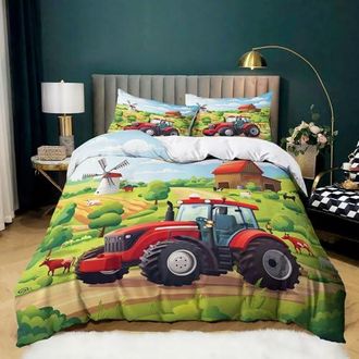Generic Housse de Couette Tracteur Rouge Dessin Animé 90 x 190 cm, Parure de Lit 1 Personnes - House de Couette Microfibre avec Fermeture Eclair et 2 Taies do