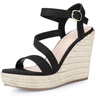 Allegra K Sandales compens&eacute;es pour femme avec sangle de cheville et bout ouvert et boucle, Noir, 36.5 EU