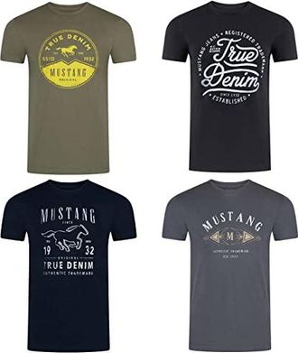 Mustang Jeans Lot de 4 t-shirts pour homme - Imprimé sur le devant - Col rond - Manches courtes - 100 % coton - Noir - Blanc - Gris - Bleu - Vert - S M L XL XXL 3XL