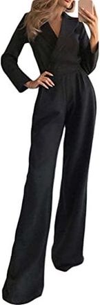 Minetom Femmes Combinaison Col en V Manches Longues Soir&eacute;e Cocktail Jumpsuit &Eacute;l&eacute;gant Large Jambe Longue Pantalon L&acirc;che Combishort A Noir L