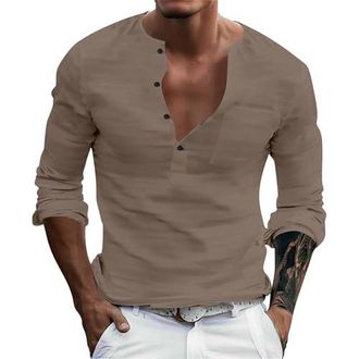 Generic T-shirt &agrave; manches longues pour homme - Style vintage - En coton - Grandes tailles - Col montant - Chemise de plage - Col rond - Chemise d&eacute;t&eacute; &eacute;l&eacute;gante 