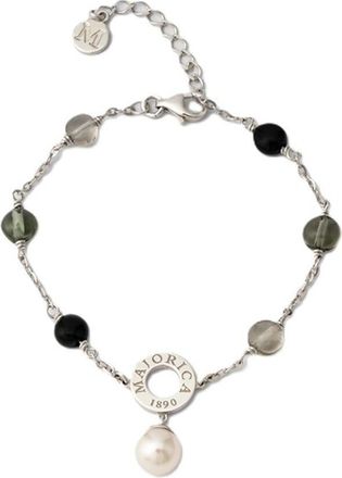 Majorica Armband | Kettenarmband aus rhodiniertem Silber | Elegantes Schmuckstück für besondere Anlässe | Runde weiße Perlen von 7 mm und schwarze Murano-Krist