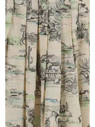 Alemais Pleated Linen with Western Print Midi Skirt - Beige