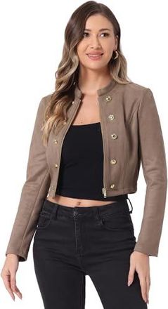 Allegra K Veste courte à manches longues et col montant en simili daim pour femme Café XS