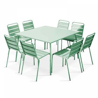 Oviala Ensemble table de jardin et 8 chaises en m&eacute;tal vert sauge - Palavas