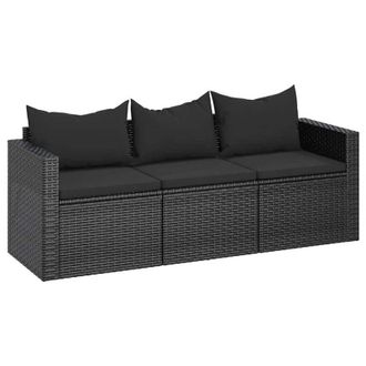 vidaXL 3-Sitzer-Gartensofa mit Kissen Schwarz Poly Rattan Vidaxl