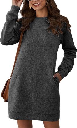 TOMWELL Hoodie Kleid Damen Pullover Langarm Sweatshirtkleid Tops Herbst Kurz Kleid Sweatshirt Pulloverkleid mit Taschen Dunkelgrau 3XL