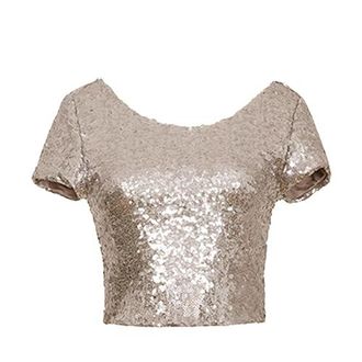 Generic Femmes scintillantes Femmes Tops Paillettes D&eacute;contract&eacute; Col Rond Crop Tops Couleur Unie T-shirts De Danse &agrave; Manches Courtes L&eacute;ger Pour Sortir Des T-sh