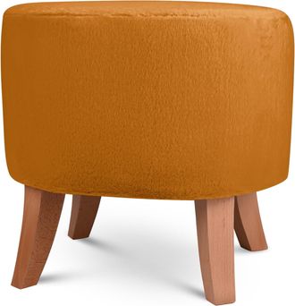 MG Design Ovaler Kunstfell-Hocker 42 x 52 cm in Gelb mit Holzbeinen - Gepolsterter Fu&szlig;hocker f&uuml;r Wohnzimmer oder Schlafzimmer