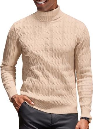 Coofandy Pulls Hommes Col Roulé Torsadé Pulls Tricotés Manches Longues Pull dhiver Pull à Col Roulé Sweater Slim Fit Turtleneck Kaki Clair 3XL