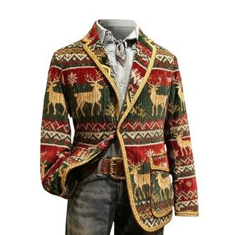 Generic Veste de costume de Noël en velours côtelé pour homme - Blazers vintage à manches longues - Revers boutonné - Tenue de Noël décontractée - Costume de 