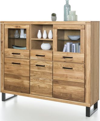 Tina Highboard Vitrine in Wildeiche geölt Teilmassiv Breite 158cm Höhe 140cm