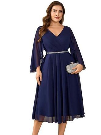 Ever-pretty Robe pour Mariage Invit&eacute; Midi Femme &Eacute;l&eacute;gante Soir&eacute;e Grandes Tailles Mousseline Manches Longues Bleu Marine 52