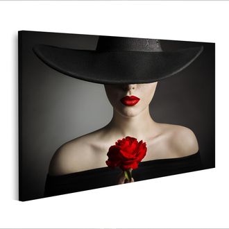Islandburner Wandbild auf Leinwand Geheimnisvolle Frau mit roter Rose und schwarzem Hut